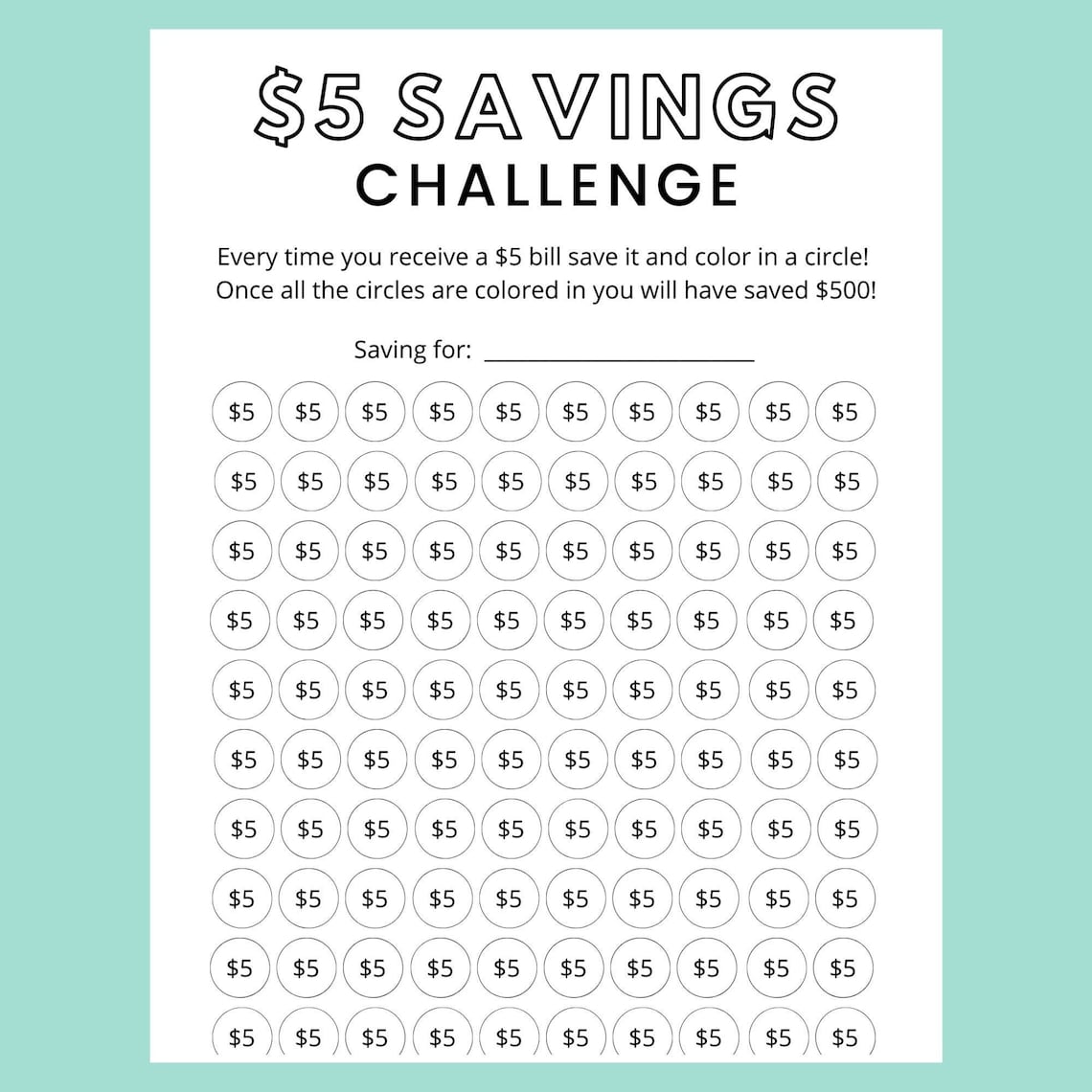 Money Saving Challenge Printable | 5 Dollar Savings Challenge | Savings ...