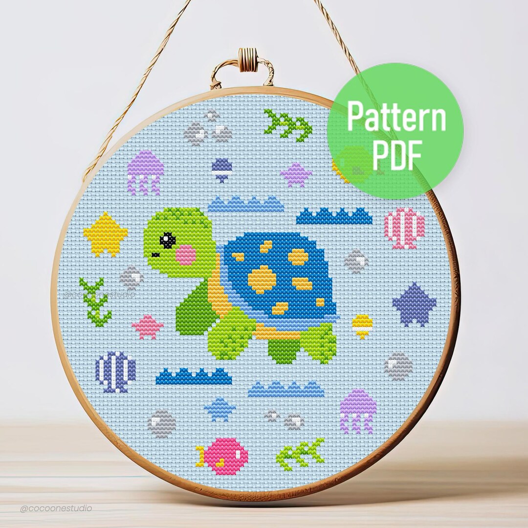 Cute Turtle & Sea Animals Cross Stitch Pattern PDF, Ocean Embroidery ...