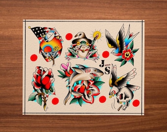 American Traditional Tattoo Flash Sheet 9 - Etsy