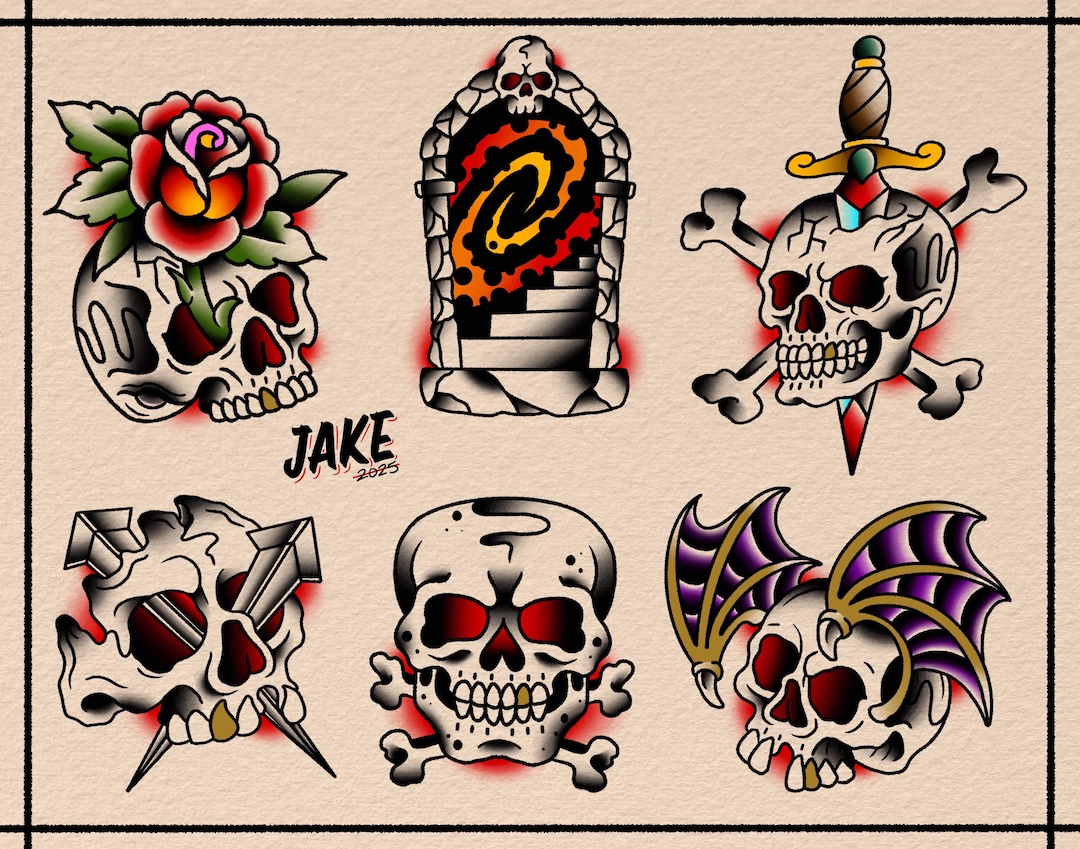 American Traditional Skulls Tattoo Flash Sheet Print 11x14 - Etsy