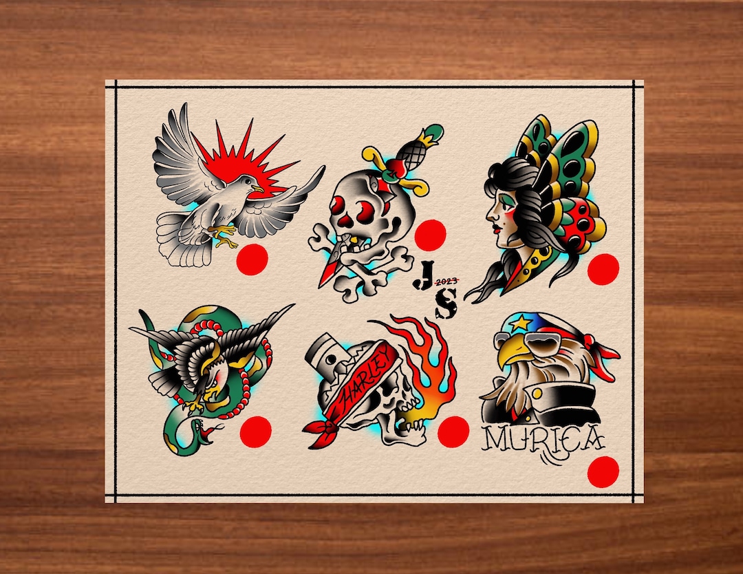 American Traditional Tattoo Flash Sheet 3 - Etsy