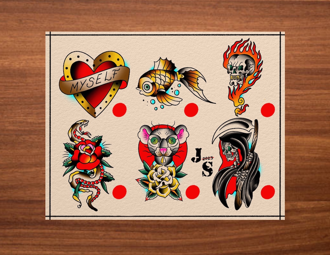 American Traditional Tattoo Flash Sheet 6 - Etsy