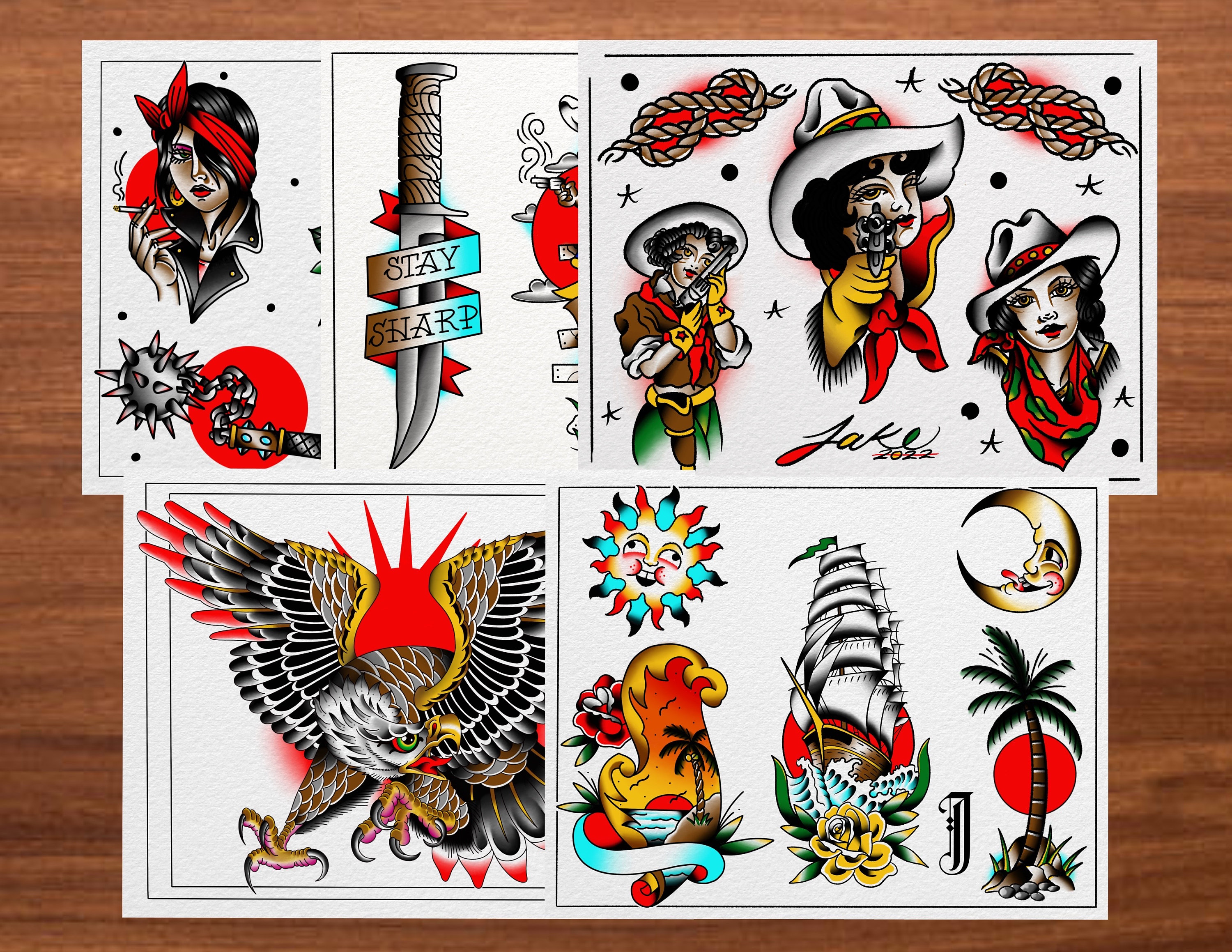 American Traditional Tattoo Flash Prints Set of 5 - Etsy