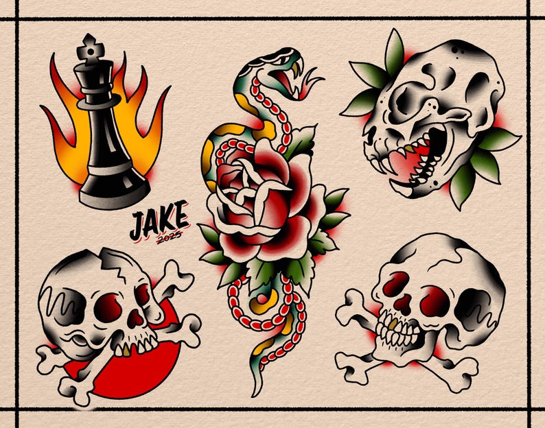 American Traditional Tattoo Flash Sheet V2 Snake - Etsy
