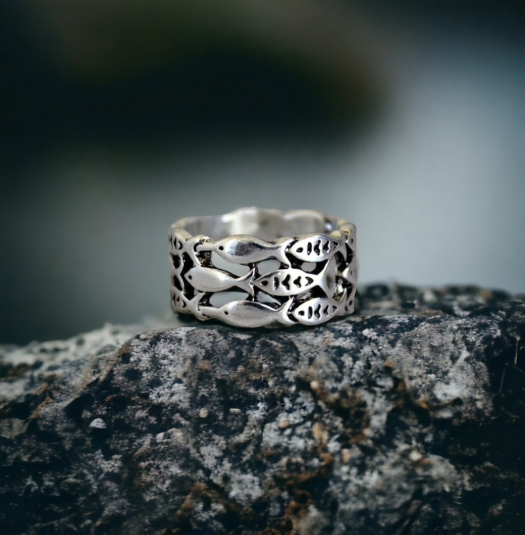 Swimming Fishes Ring, Silver Fish Ring, Wide Band Silver Fish Ring ...