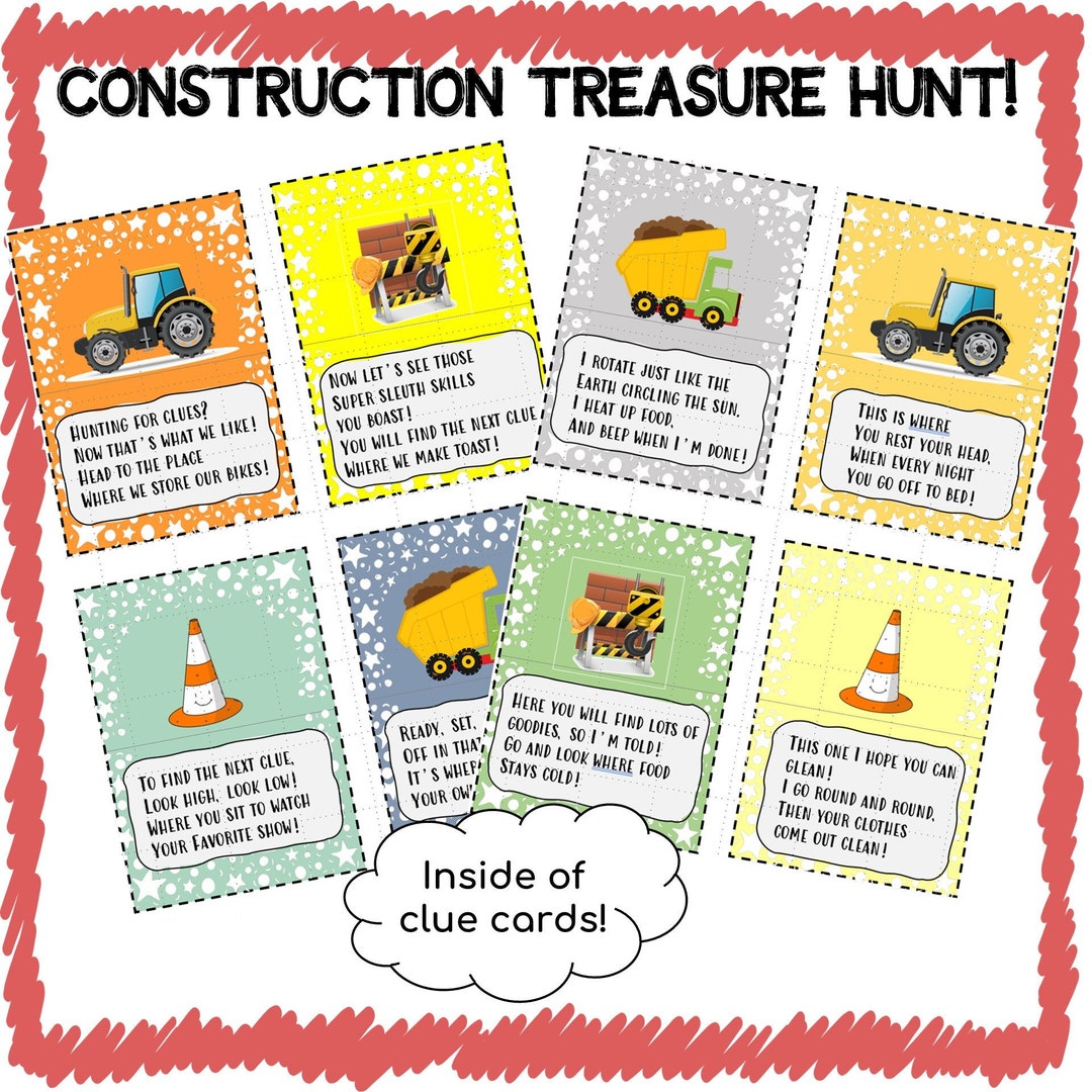 Construction Treasure Hunt Clues - Kids Birthday Activity - Treasure ...