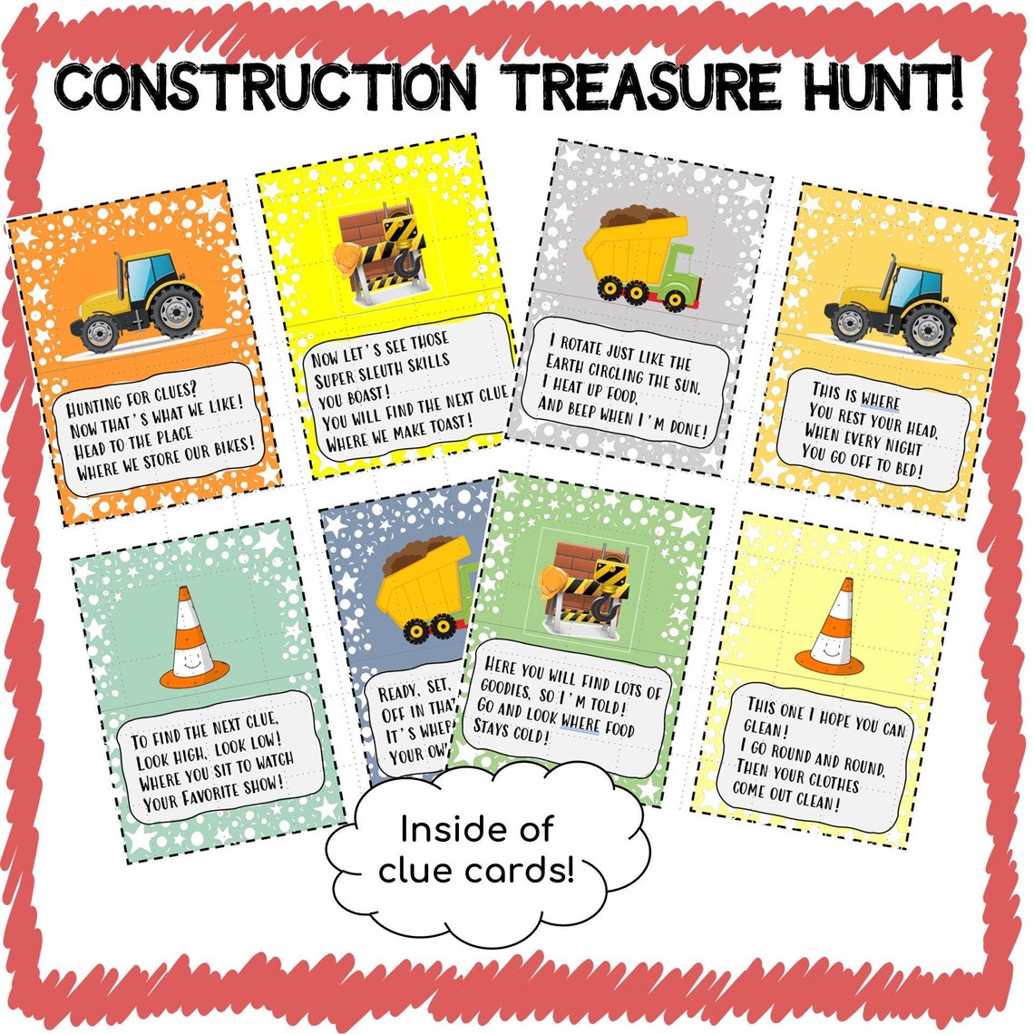 Construction Treasure Hunt Clues - Kids Birthday Activity - Treasure ...