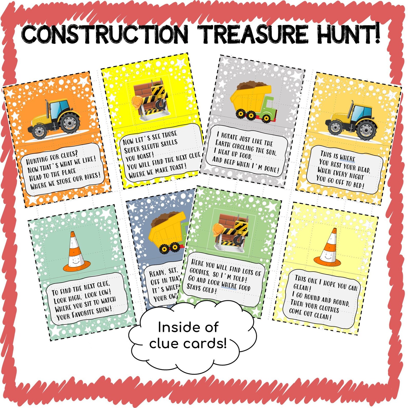 Construction Treasure Hunt Clues - Kids Birthday Activity - Treasure ...