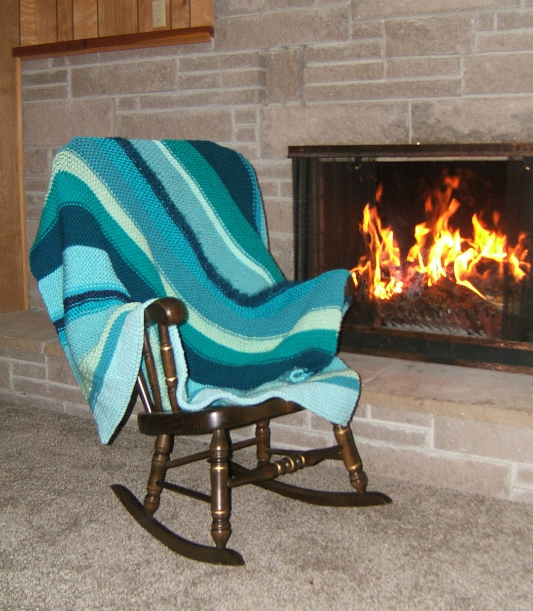 Hand Knit Blue Wave Afghan: Upcycled Yarn, Rustic Folk Art Style - Etsy