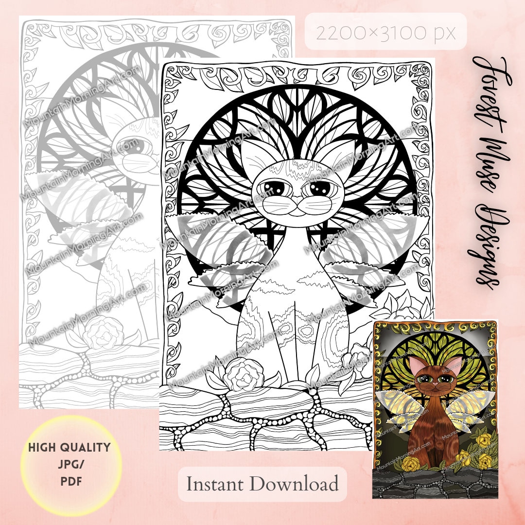 ROSE the CAT in Her GARDEN • Kitten Coloring Page • B&w and Grayscale ...