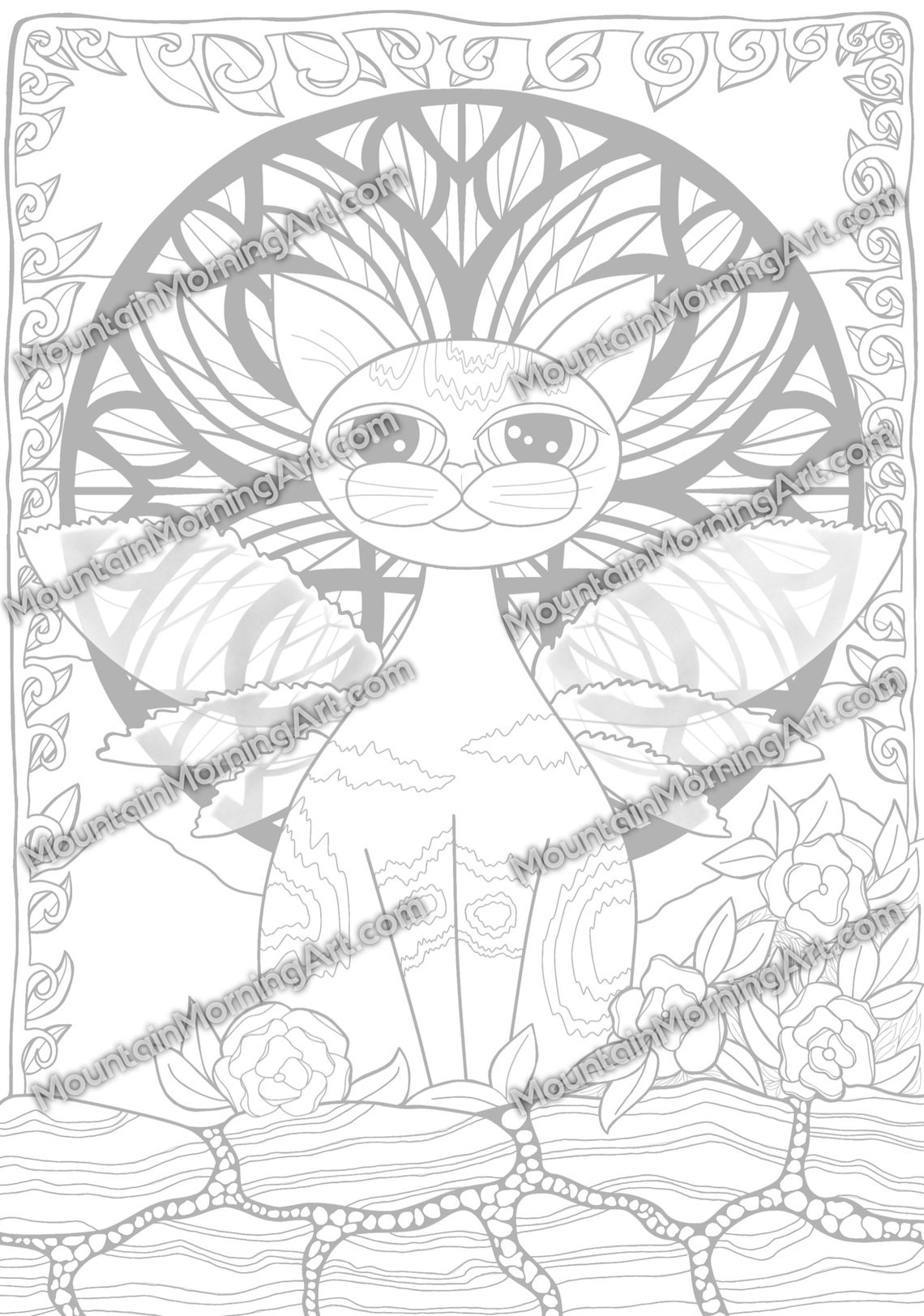 ROSE the CAT in Her GARDEN • Kitten Coloring Page • B&w and Grayscale ...