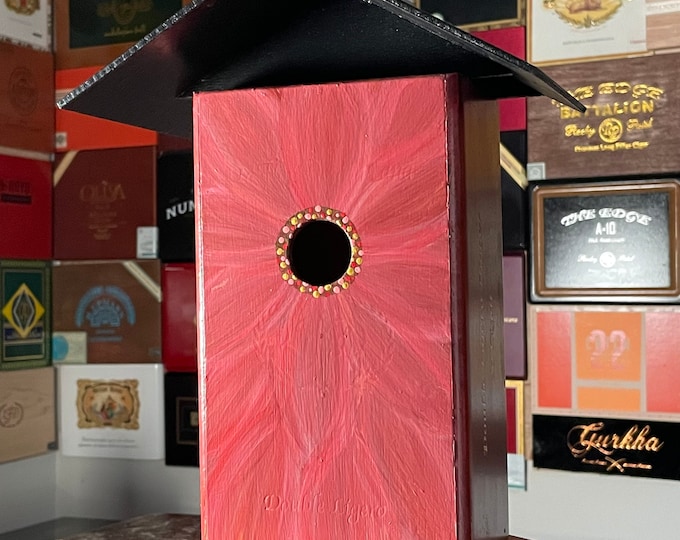 Cigar Box Birdhouse/custom Maroon Red Flower LFD W/roof/yard Decor ...
