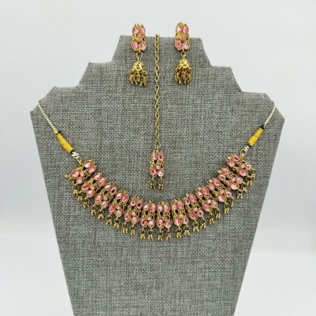 Gold Plated Pink Rhinestone Rajasthani Kundan Bridal Necklace Set - Etsy