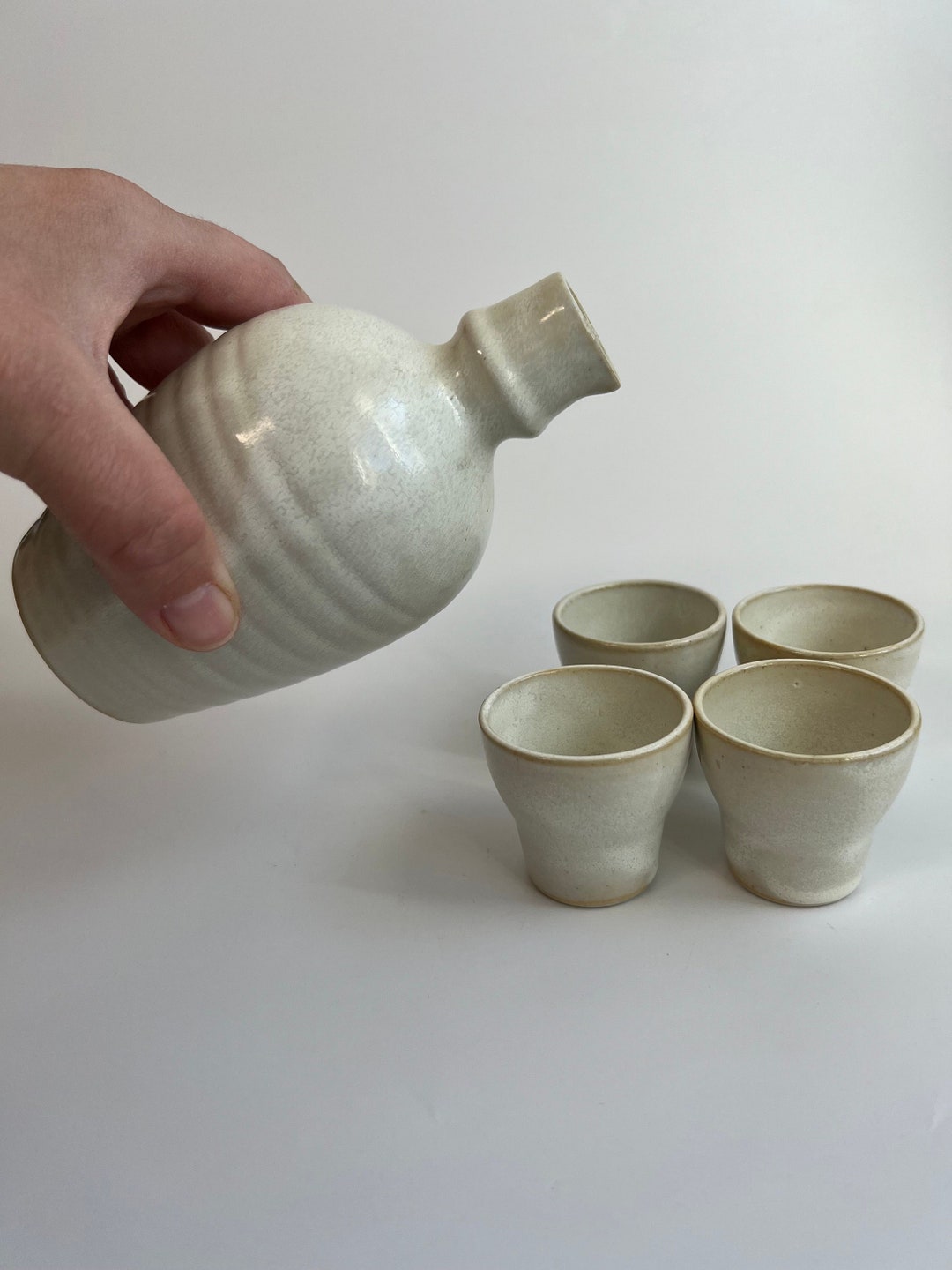 Sake Set, White Sake Pitcher and 4 Small Sake Cups, Neutral Pottery - Etsy