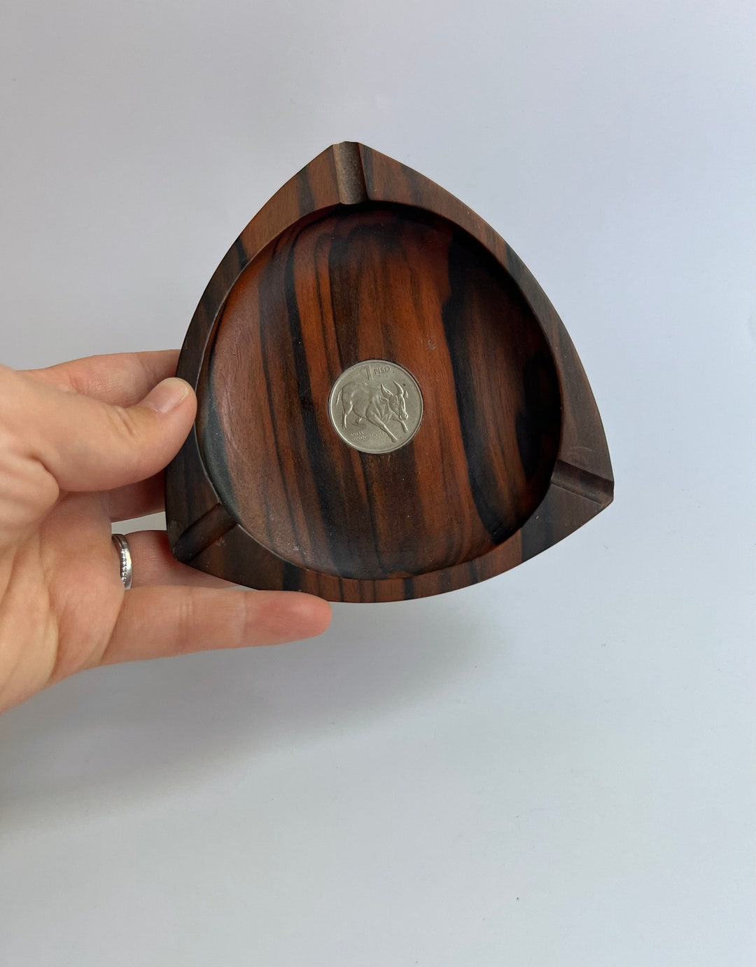 Vintage MCM Wood Triangle Ashtray With 1 Peso Coin Inlayed in the ...
