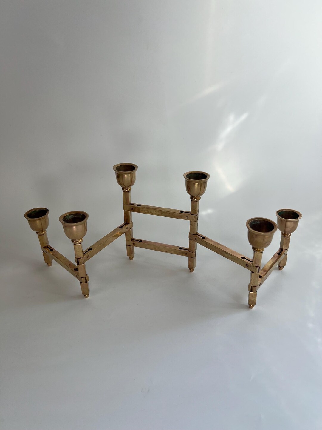 Vintage MCM Folding Solid Brass 6 Taper Candle Graduated Table Top ...