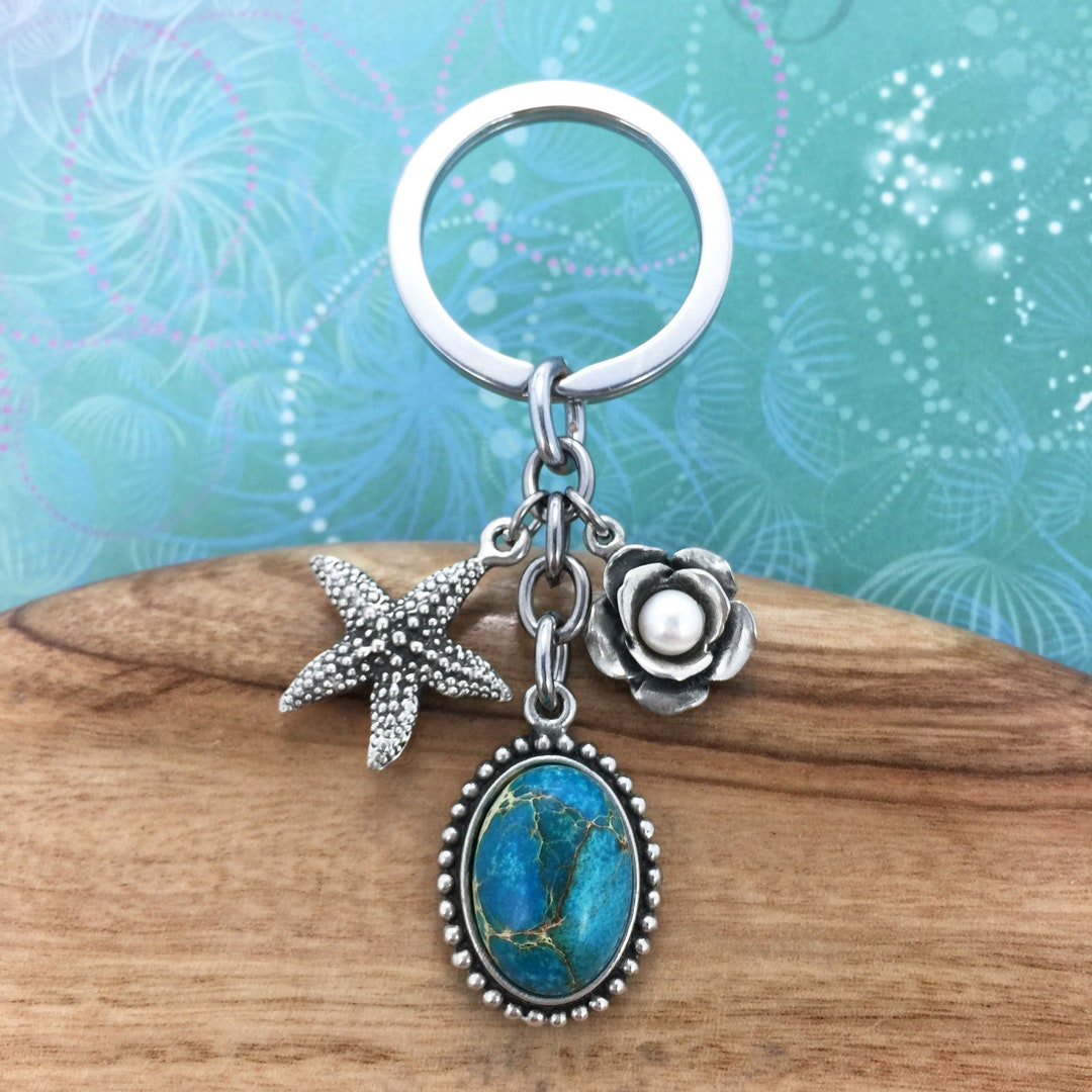 Starfish Keychain With Blue Ocean Jasper Pendant & Rose Freshwater ...