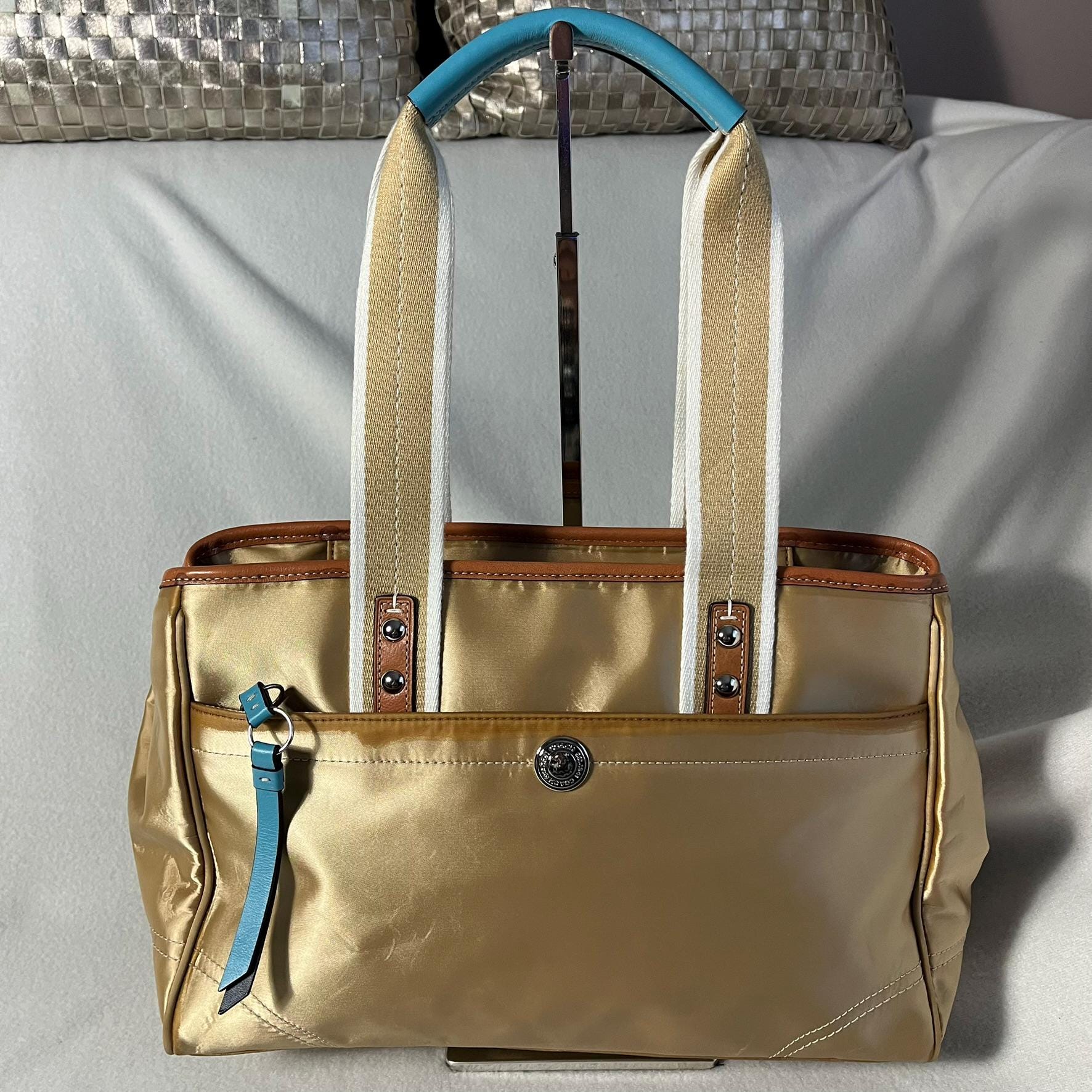 Rare Vintage COACH Sateen Leather Gold Interior Blue Interior Satchel ...