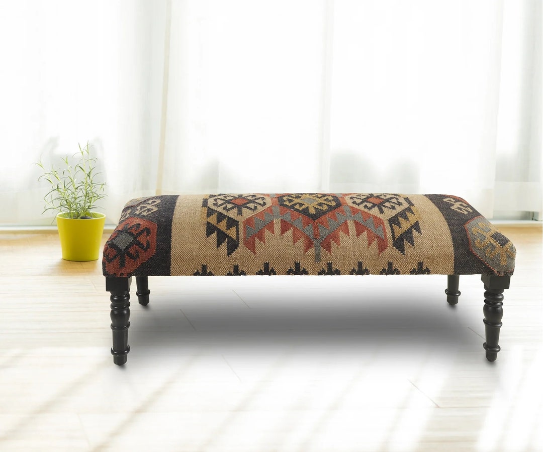 Kilim Bench Wool Jute Bench Brown Aztec Upholstered Bench With Hairpin ...