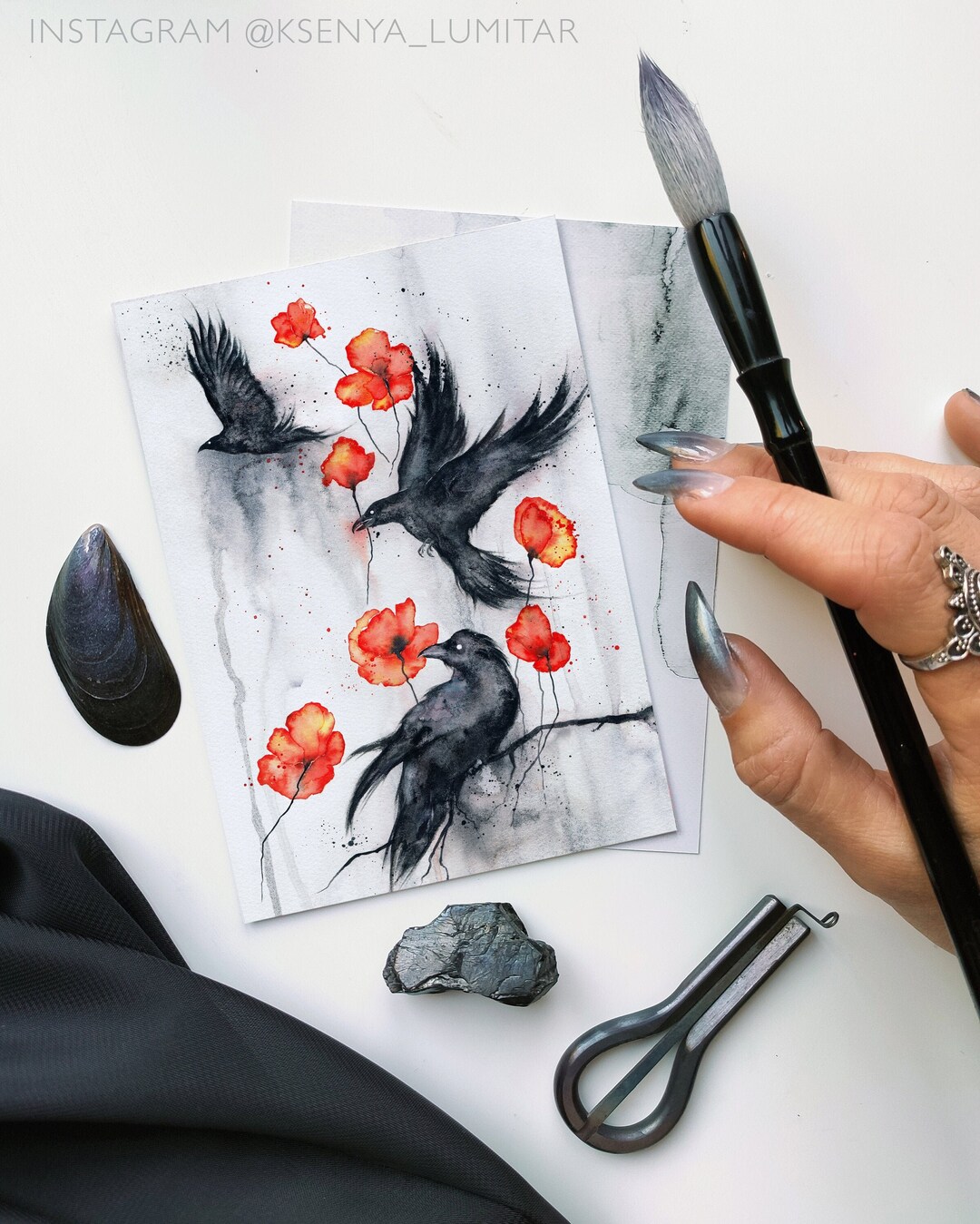 Black Crows and Red Poppies A4, 5x7 in ART PRINT. Dark Fantasy Card ...