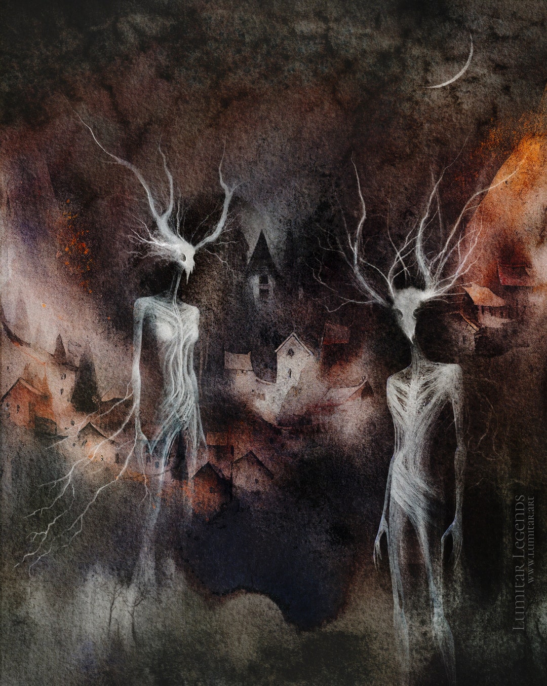 The Haunted Night City: ART PRINT of Watercolor Illustration. Scary ...