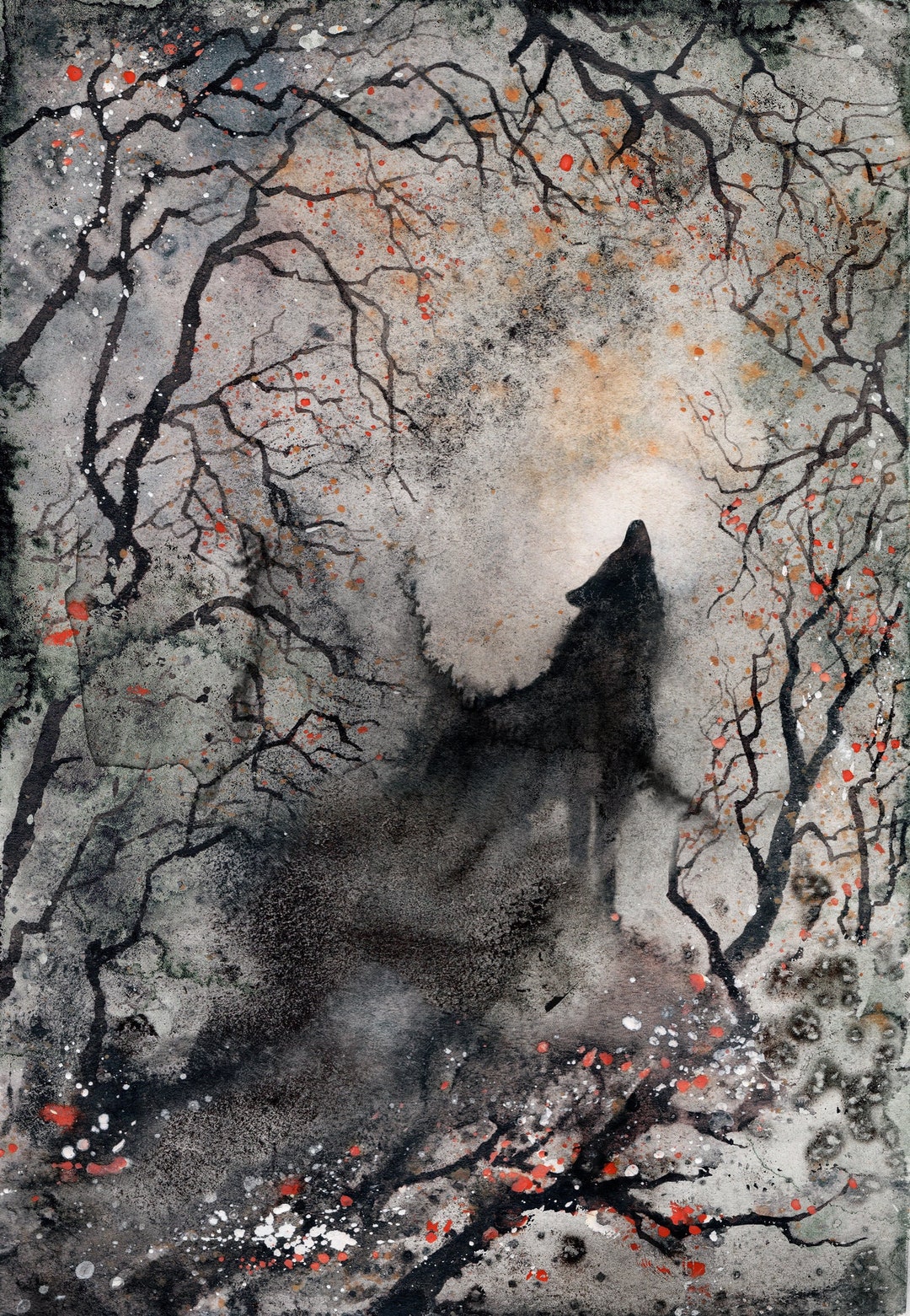 Black Wolf Howling in a Deep Dark Forest. Digital Version of ...
