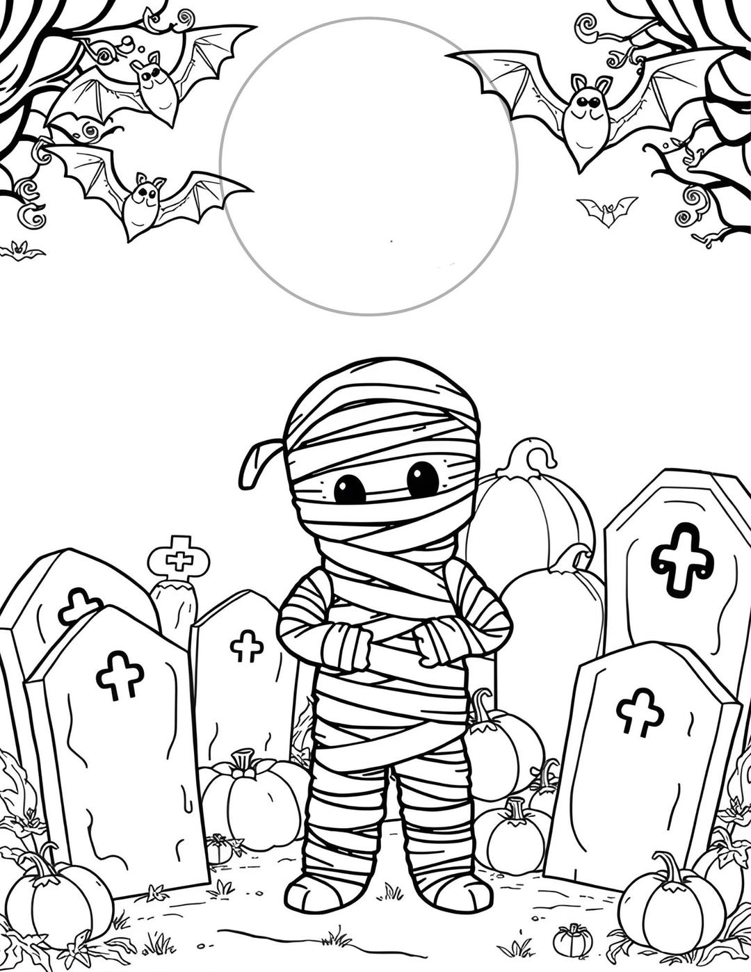 Halloween Mummy Coloring Page, Cute Mummy in Cemetary Printable, Spooky ...