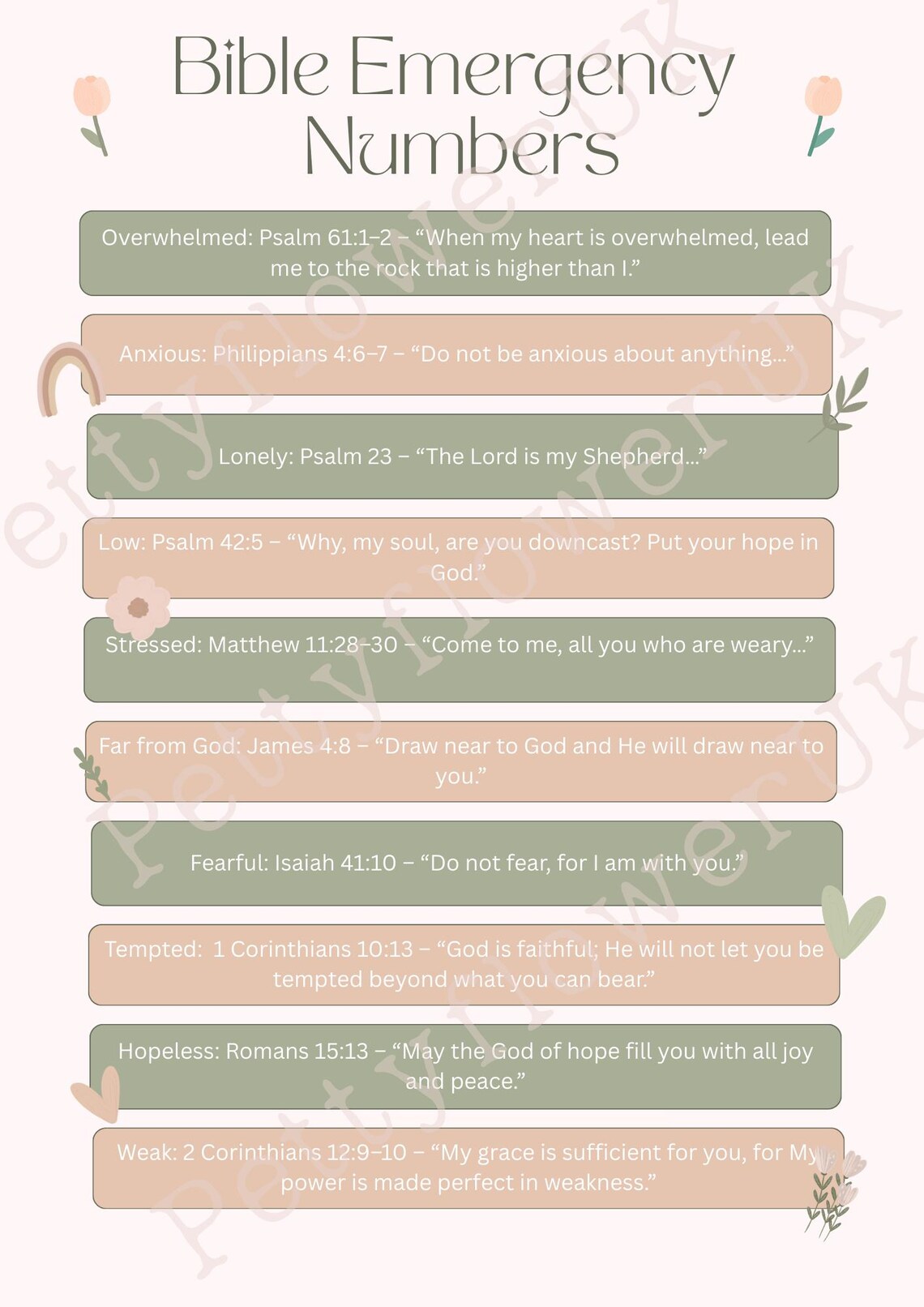 Bible Emergency Numbers Insert | Printable A6 Bible Card | Scripture ...