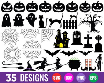 Halloween Silhouette Svg Witch Ghost Svg Pumpkin Svg Cat - Etsy