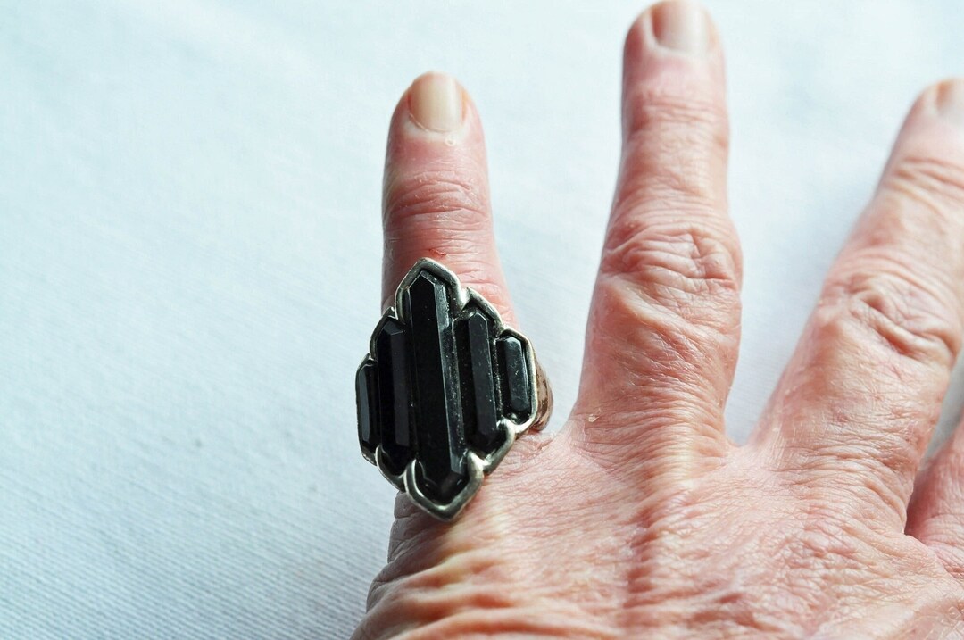Stepped Black Glass Stretch Ring. Art Deco Revival, Silver Metal ...