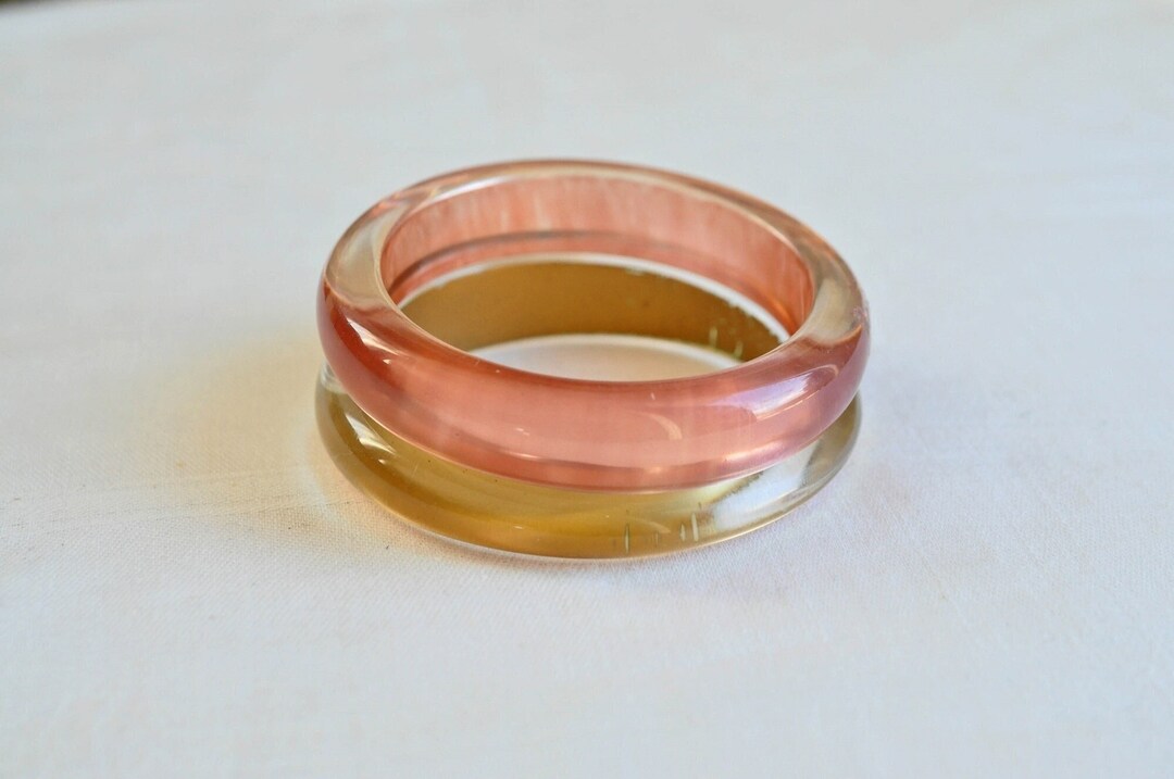 Pink and Gold Tinged Bakelite and Lucite Bangles, Bracelets. Clear ...