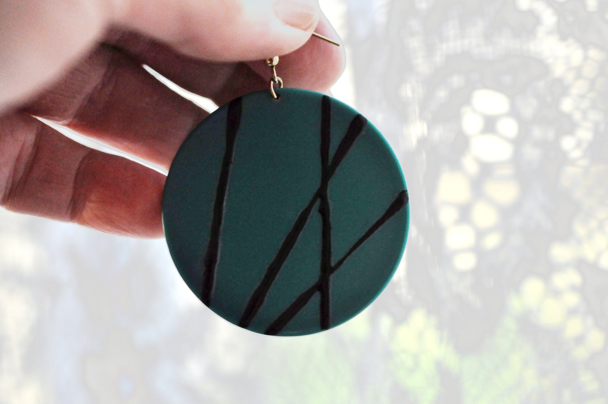 Large Forest Green French Bakelite Disc Earrings. Raised Painted Black ...