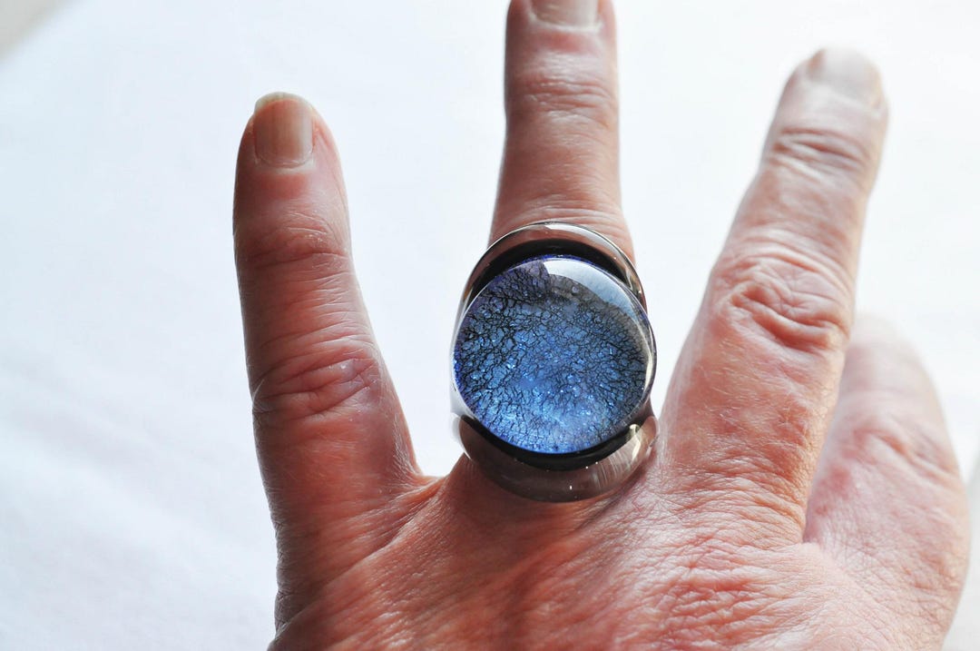Large Glittery, Pale Blue, Murano Glass Ring. Circular, High Domed ...