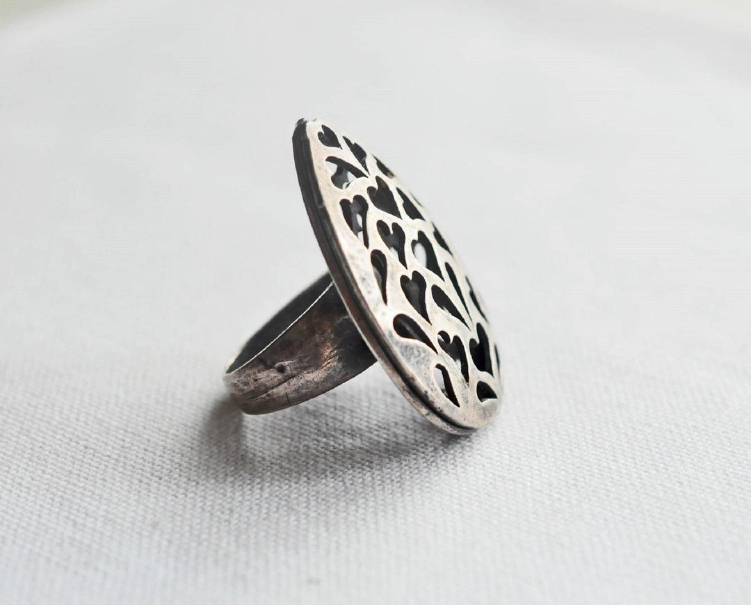 Teardrop, Cut Out Metal Ring. Large, Double Sided, Silver Plated Brass ...