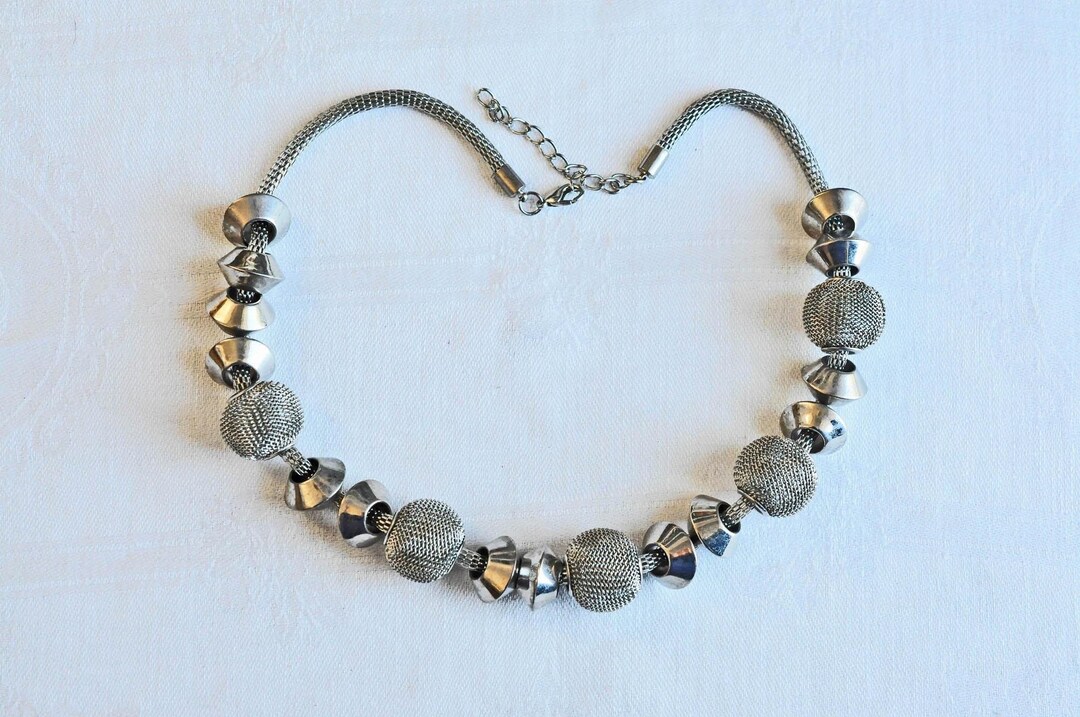 Silver Metal Mesh Ball Necklace. the Beads Slide Over the Clasp When ...