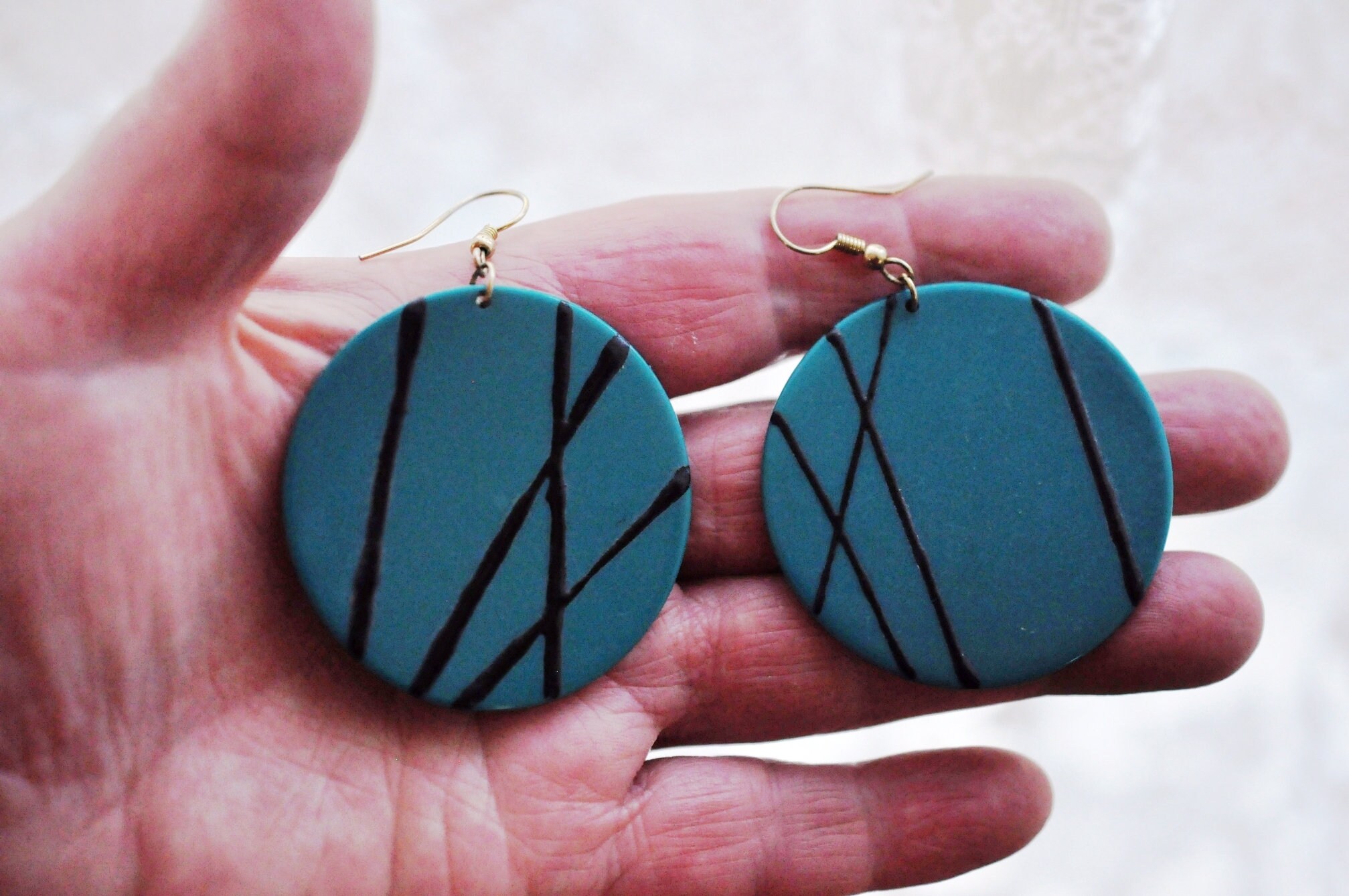 Large Forest Green French Bakelite Disc Earrings. Raised Painted Black ...