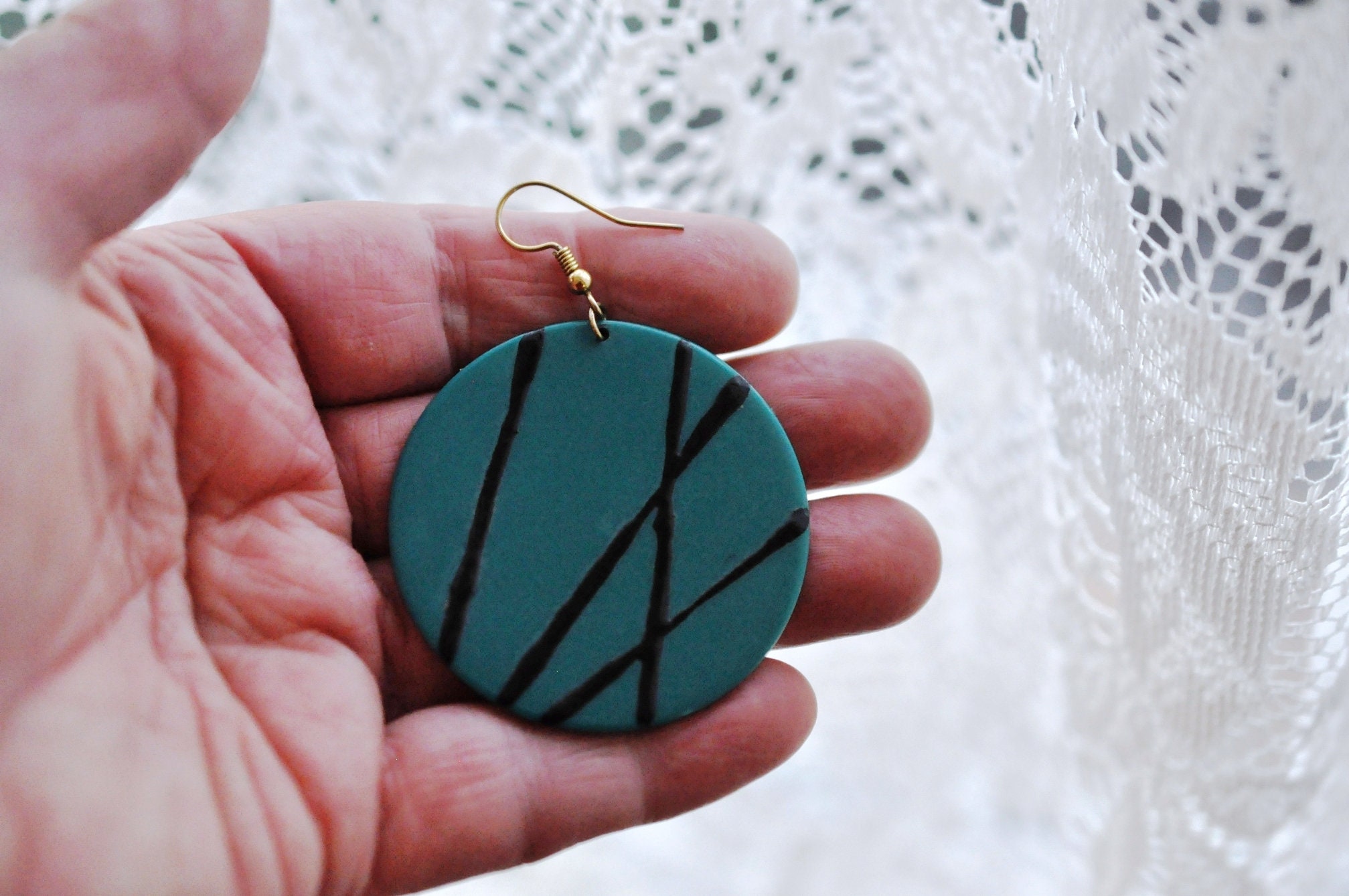 Large Forest Green French Bakelite Disc Earrings. Raised Painted Black ...