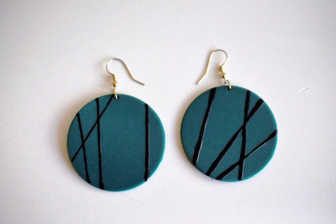 Large Forest Green French Bakelite Disc Earrings. Raised Painted Black ...