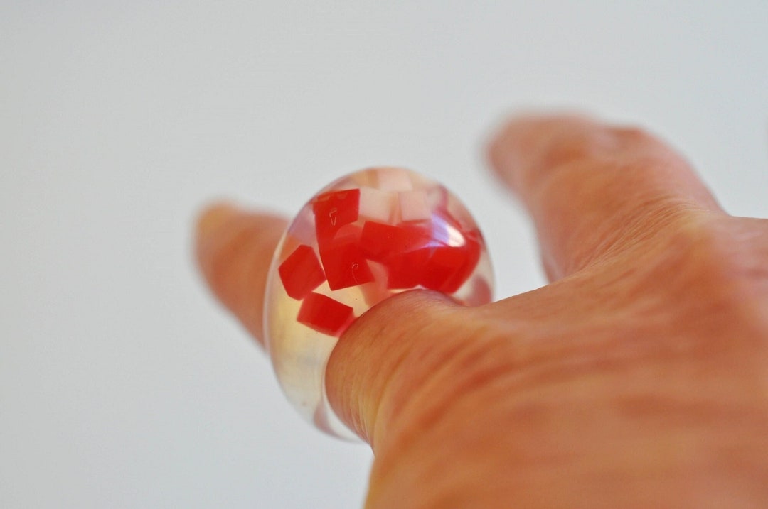 Confetti Clear Bakelite Ring. Domed Bakelite Ring With Red and White ...