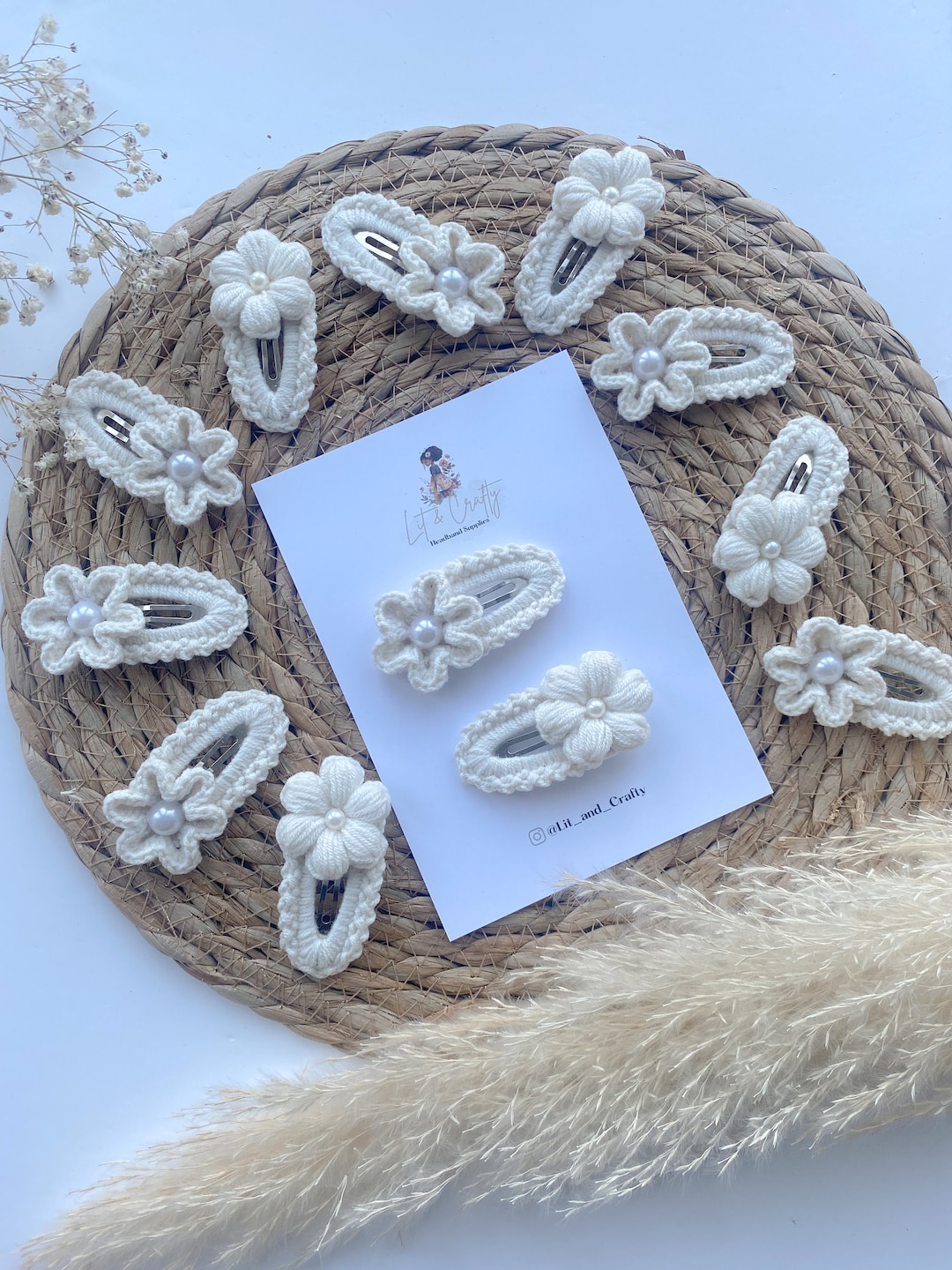 White Crochet Snap Clips, Knitted Hair Clips, Daisy Sunflower ...