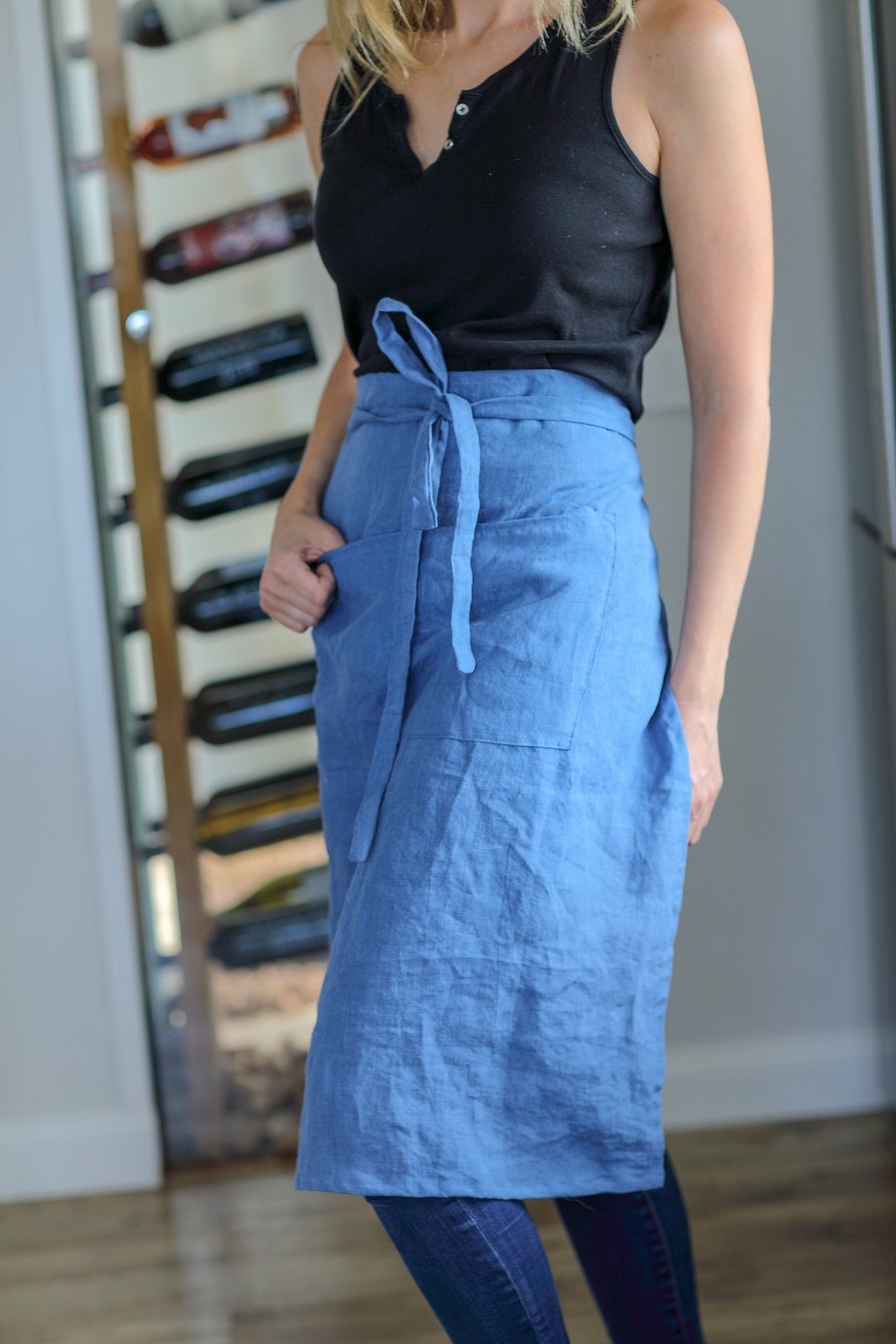 Linen Half Apron, Natural Linen Cafe Apron With Pocket for Cooking ...