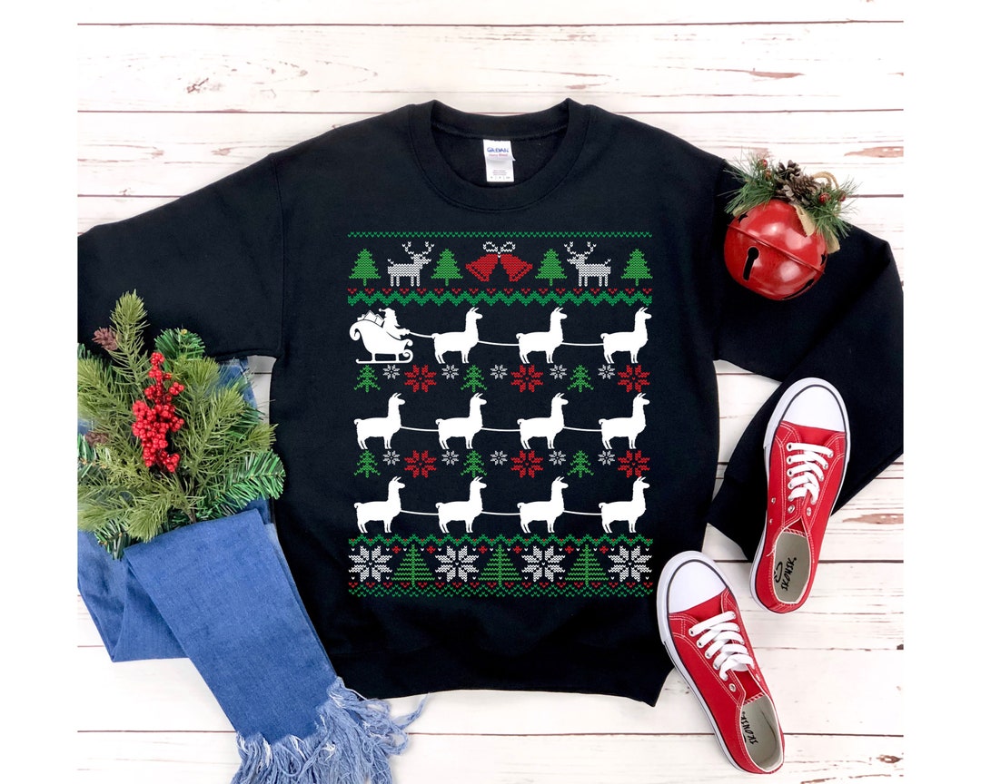 Llamas Pulling Santa Sleigh | Funny Llama Ugly Christmas Sweatshirt ...