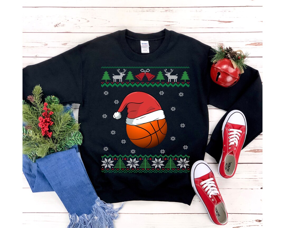 Basketball Ball Santa Hat Ugly Christmas Sweatshirt | Funny Basketball ...