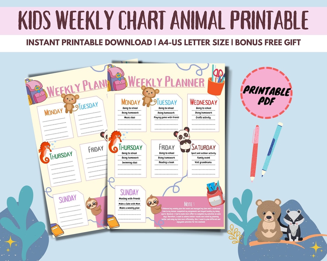 Kids Weekly Planner, Animal Daily Planner, Printable Weekly Planner for ...