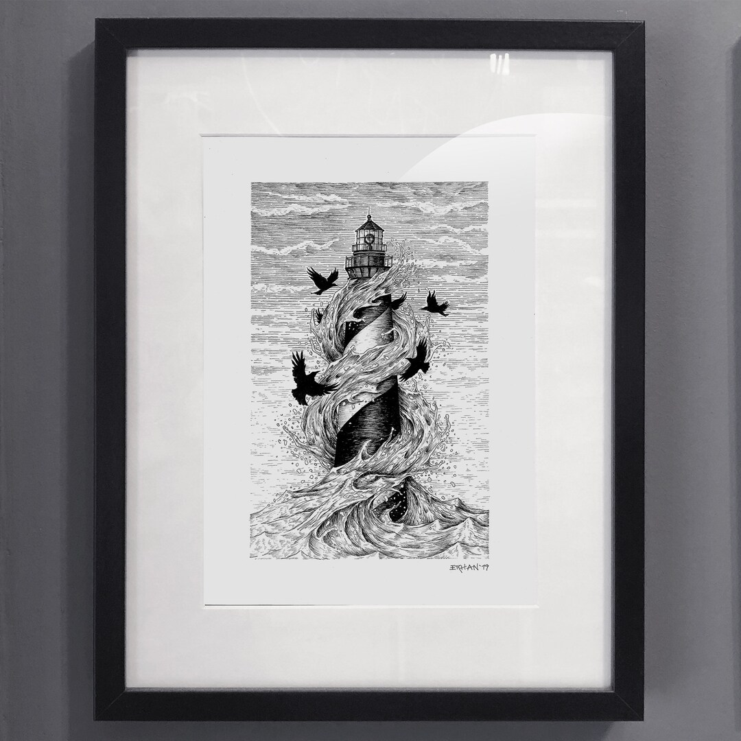 Lighthouse Pen Drawing Series "in Waves", Print Out Copy - Etsy