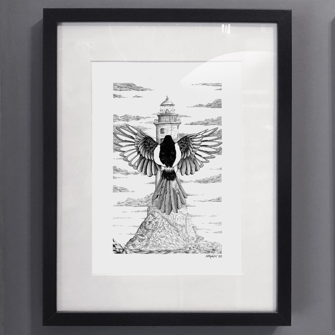 Magpie & Lighthouse Pen and Ink Drawing Print Out Copy - Etsy