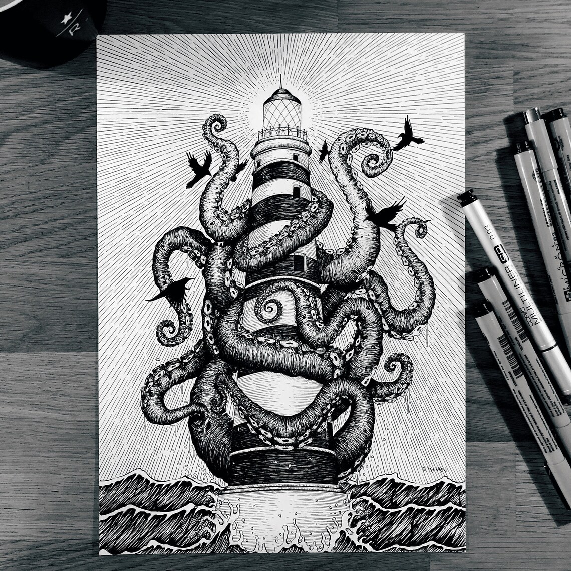 Lighthouse & Octopus Pen and Ink Drawing Print Out - Etsy