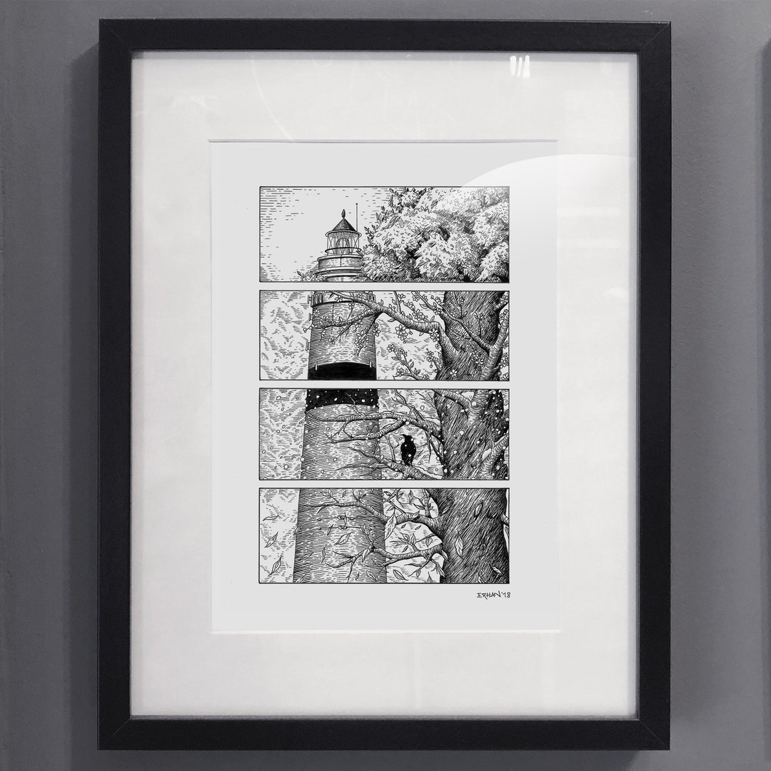 The Lighthouse And Seasons Illustration, Pen and Ink Style, Druck ...