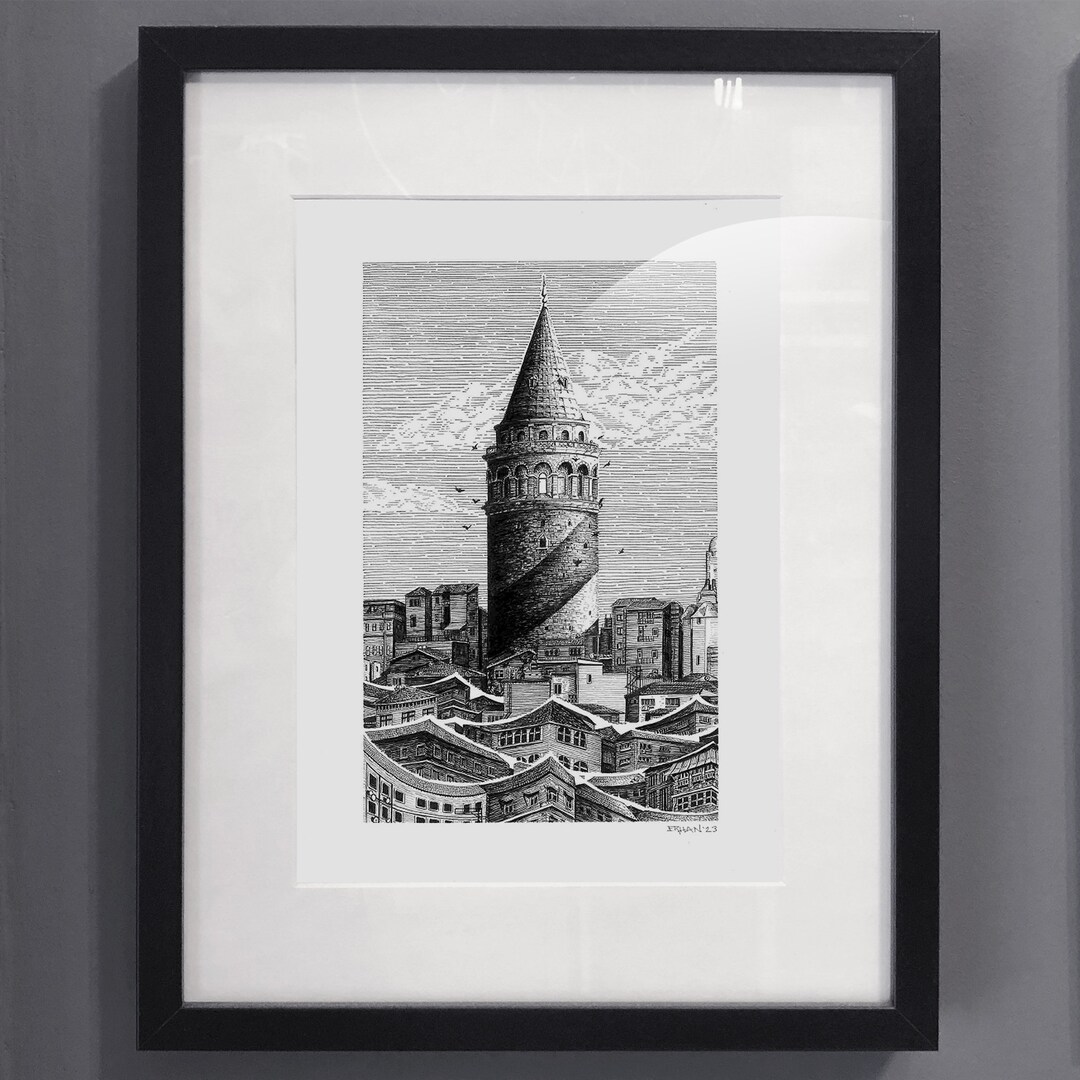 Galata Tower in Waves, Pen and Ink Drawing, Illustration, Print Out ...