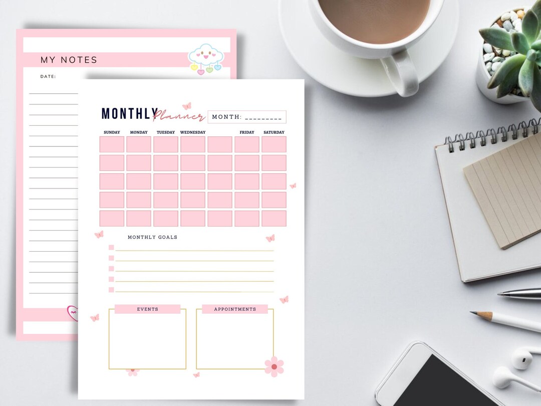 Pink Monthly Planner Printable, Monthly Planner, Productivity Planner ...